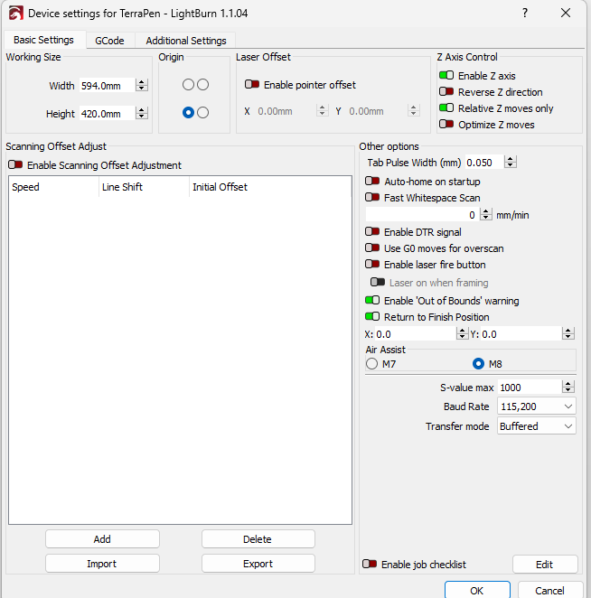 Lightburn Profiles and settings - terraPen Documentation